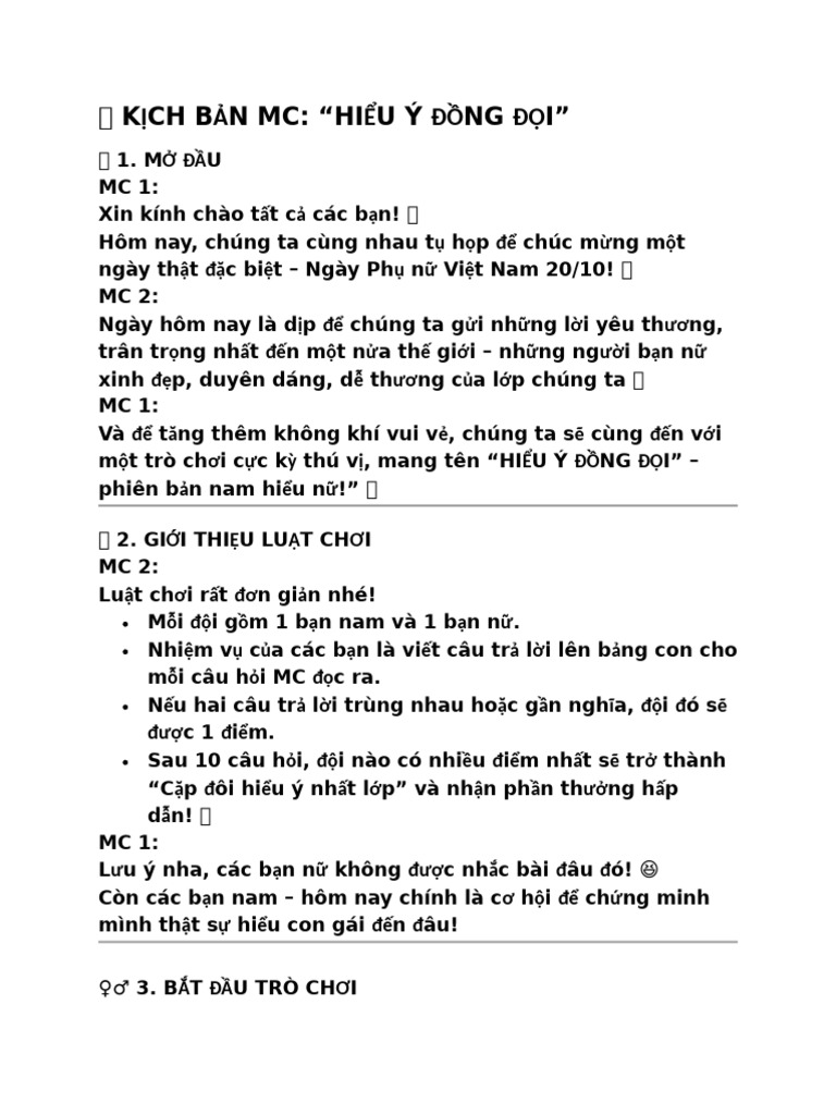 KỊCH BẢN MC 20.10 | PDF