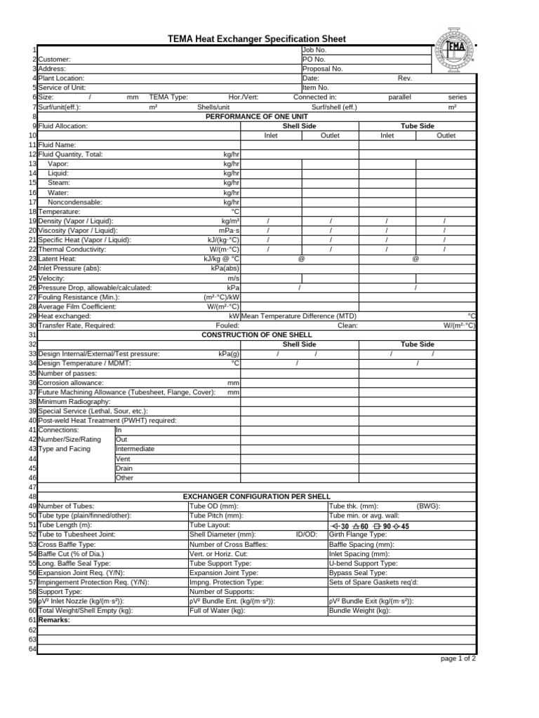 TEMA Heat Exchanger Specs Sheet | PDF | Heat Exchanger | Viscosity