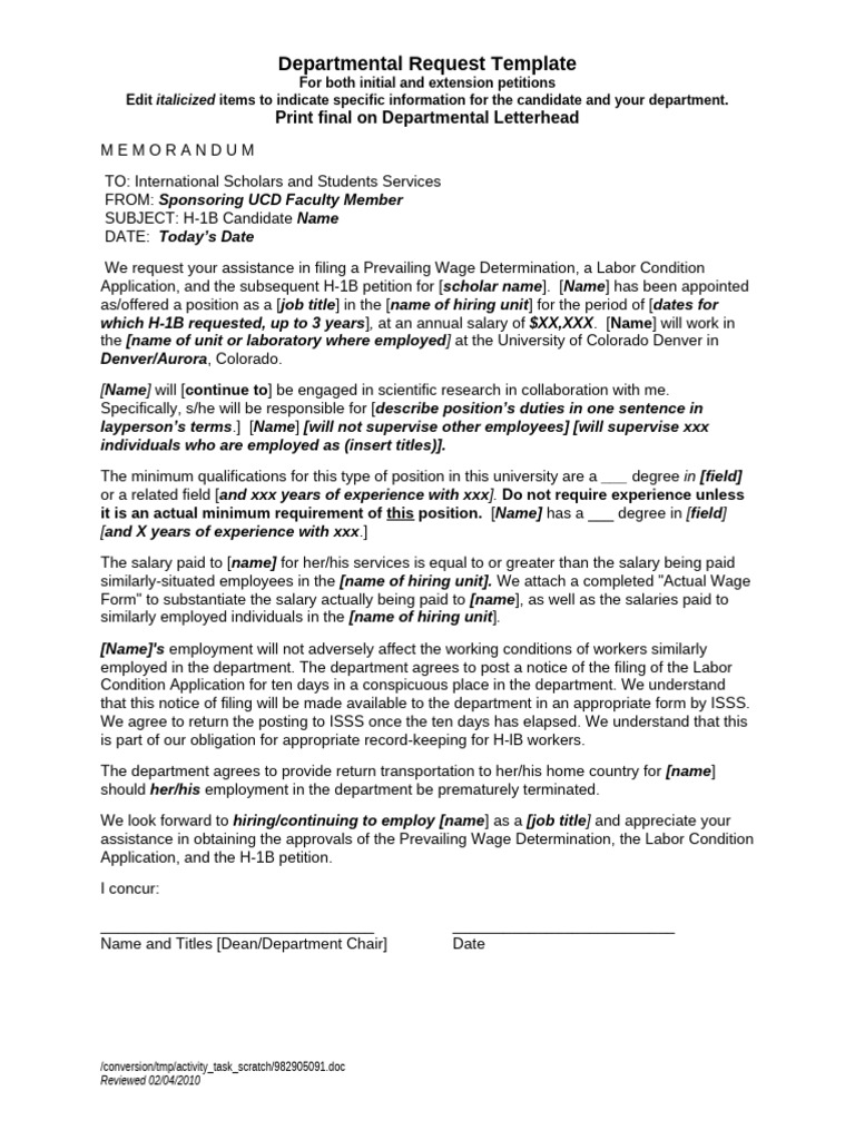 Departmental Request Template | PDF | H 1 B Visa | Employment