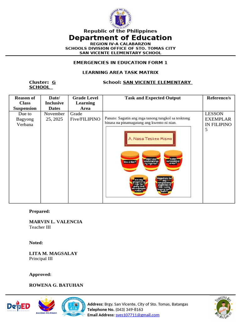 Emergencies in Education Form 1 Filipino Nov 25 | PDF