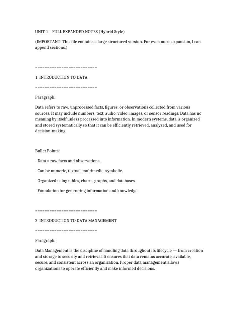 Unit1 FULL Expanded Notes | PDF | Databases | Data Management