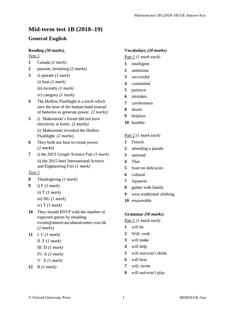 Oe Mid Term Test 1B2018 19 GE AK | PDF