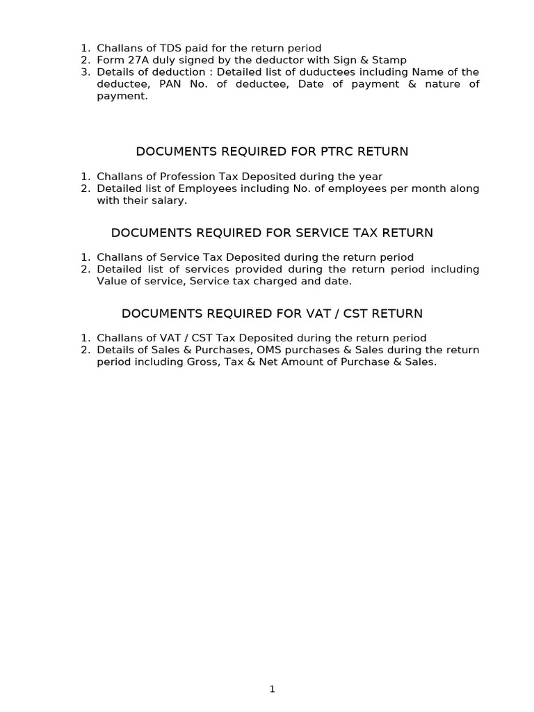 Documents Required For PTRC Return | PDF | Audit | Taxes
