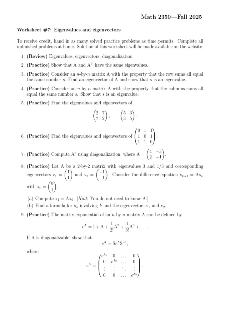 2350 wksht07 | PDF | Eigenvalues And Eigenvectors | Matrix (Mathematics)