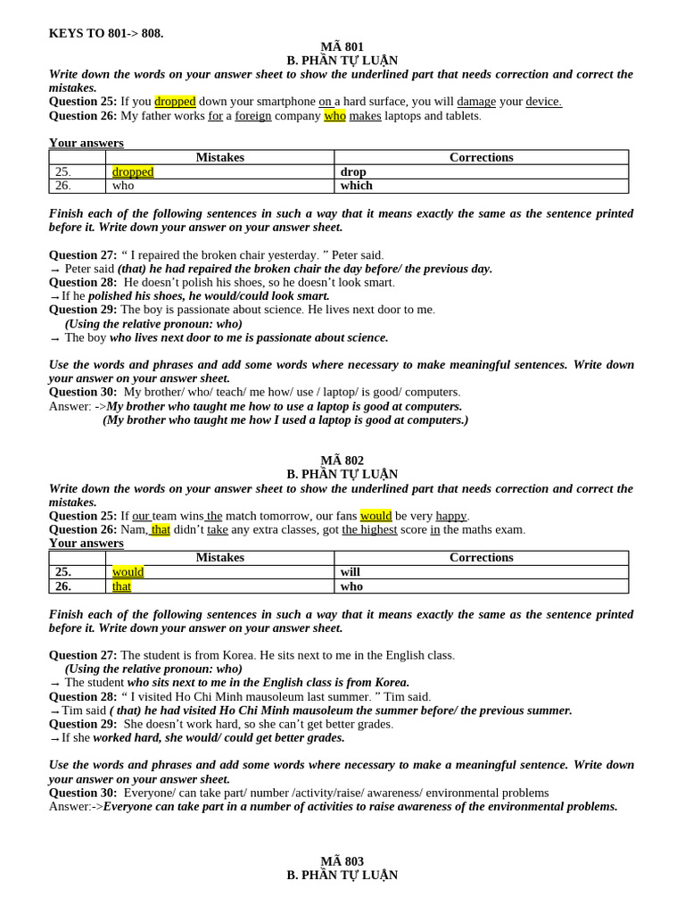 Đáp Án Tự Luận Anh 10 | PDF | English Language | Syntax