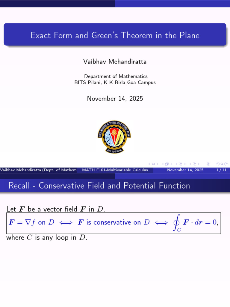 Lecture37 - Exact Differential Form and Greens Theorem in The Plane ...