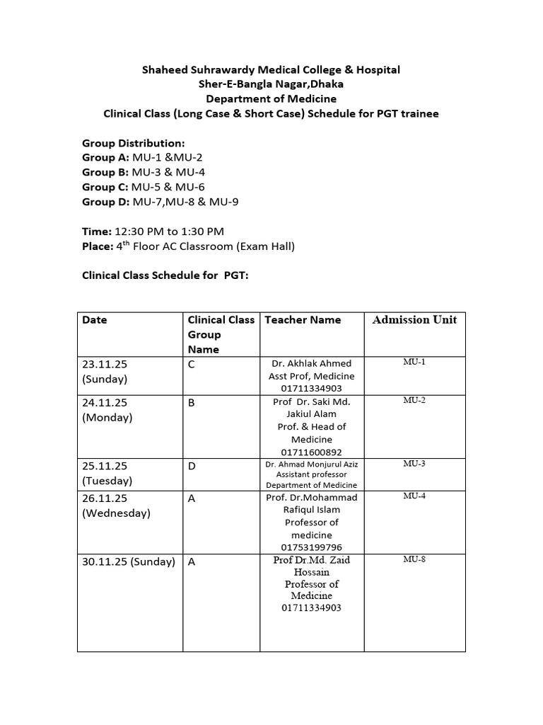 PGT Clinical Class Schedule 2025 | PDF | Bangladesh