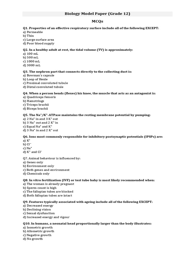 Biology Grade 12 Model Paper Pdf Inhibitory Postsynaptic Potential