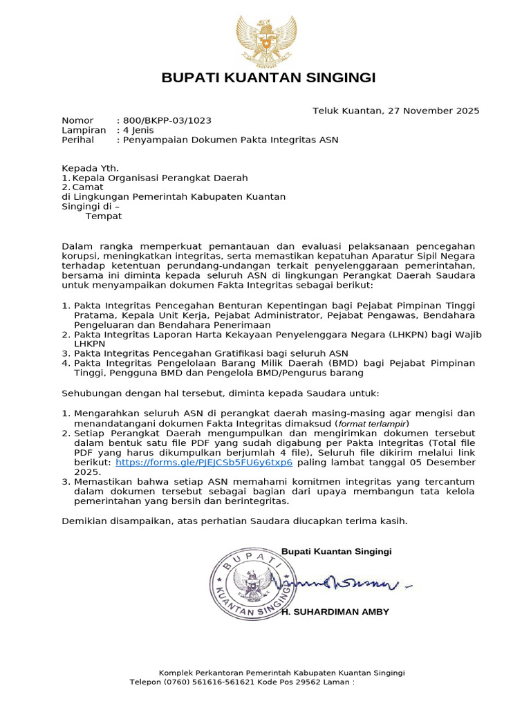 Surat Bupati Tentang Fakta Integritas ASN - PUPR 2025 | PDF