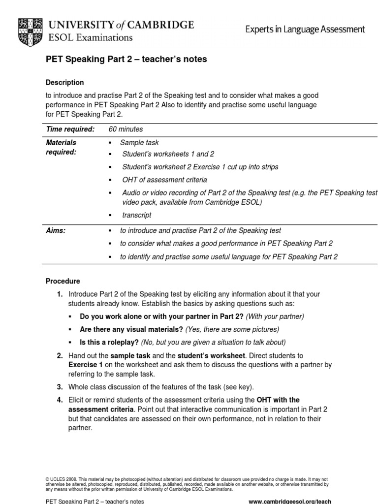 PET Speaking Part 2 | PDF | Worksheet | English As A Second Or Foreign ...