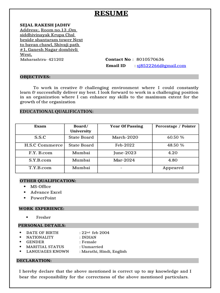 Resume: Sejal Rakesh Jadhv | PDF