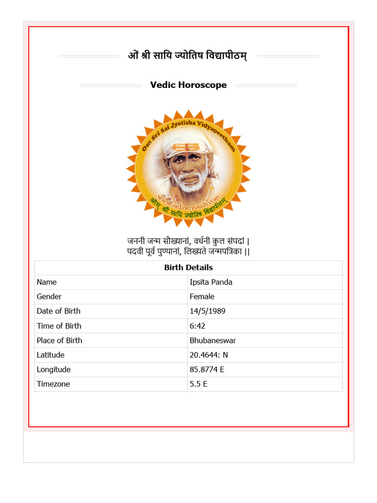 Vedic Horoscope for Ipsita Panda | PDF | Planets In Astrology | Astrology