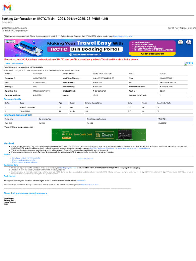 Gmail - Booking Confirmation On IRCTC, Train - 12024, 29-Nov-2025, 2S ...