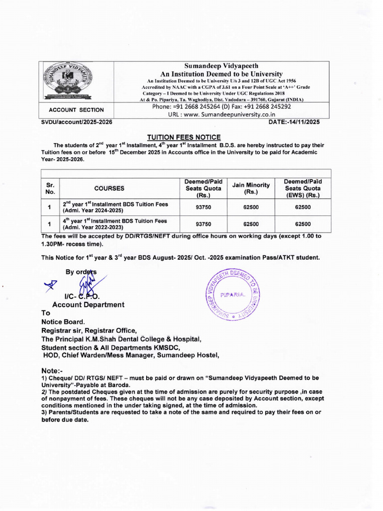 Sumandeep Vidyapeeth Tuition Fees Notice 2025 | PDF | Higher Education
