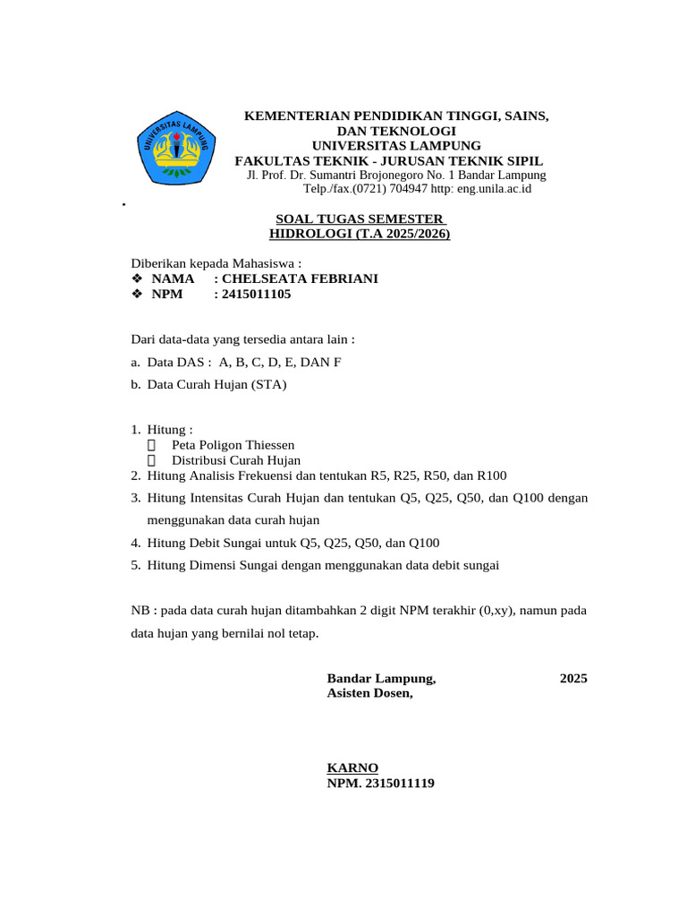 Soal Tugas Besar Hidrologi 2025 | PDF