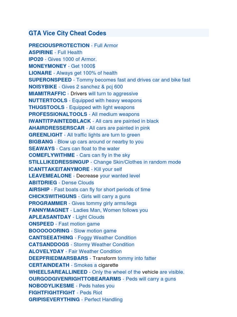 Ultimate Vice City Cheat Codes