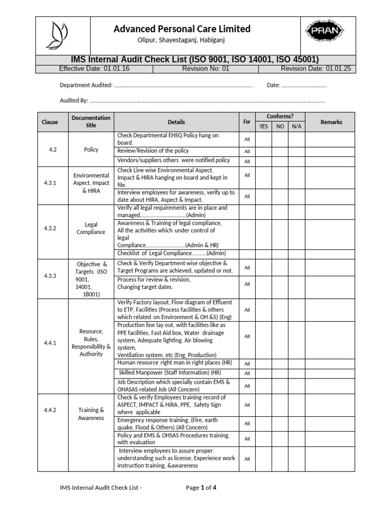 IMS Internal Audit Check List | PDF | Audit | Human Resources