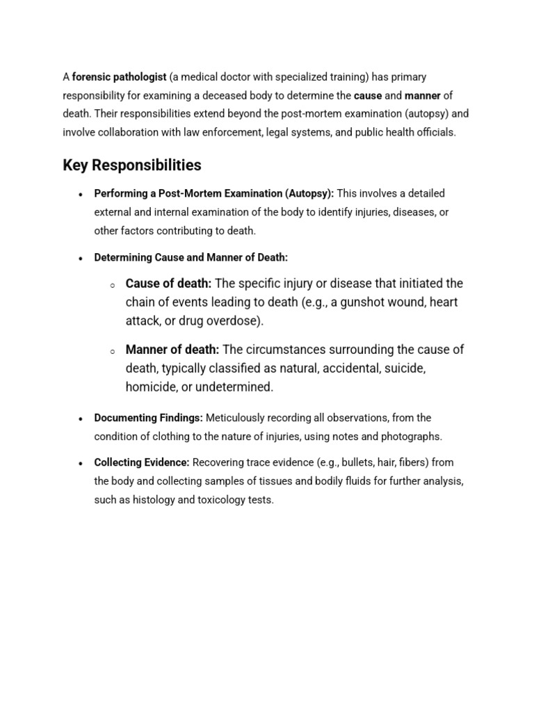 Forensic Pathologist Responsibilities Explained | PDF