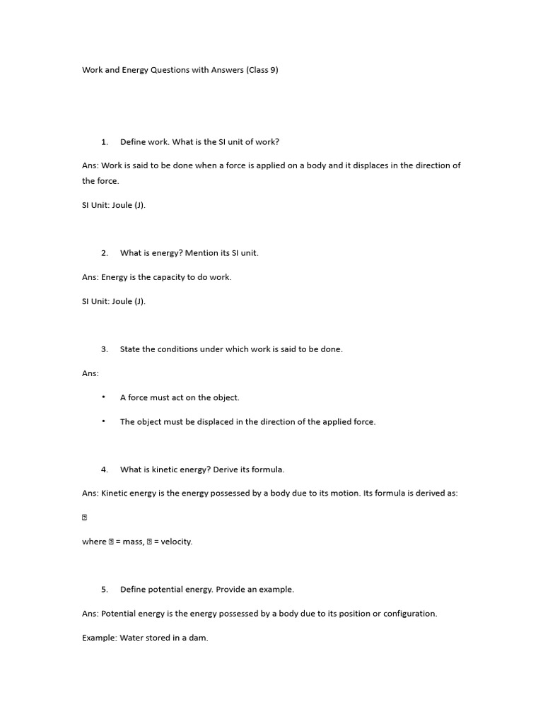 Work and Energy Basics Questions | PDF | Force | Potential Energy