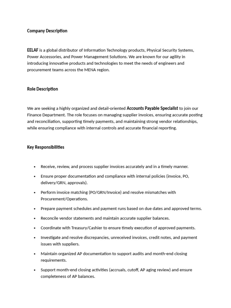 Accounts Payable Specialist Job Description | PDF | Accounts Payable ...