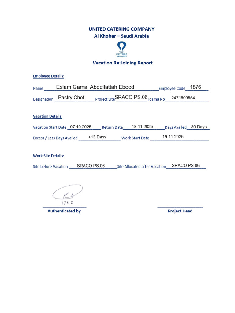Vacation Re-Joining Report | PDF