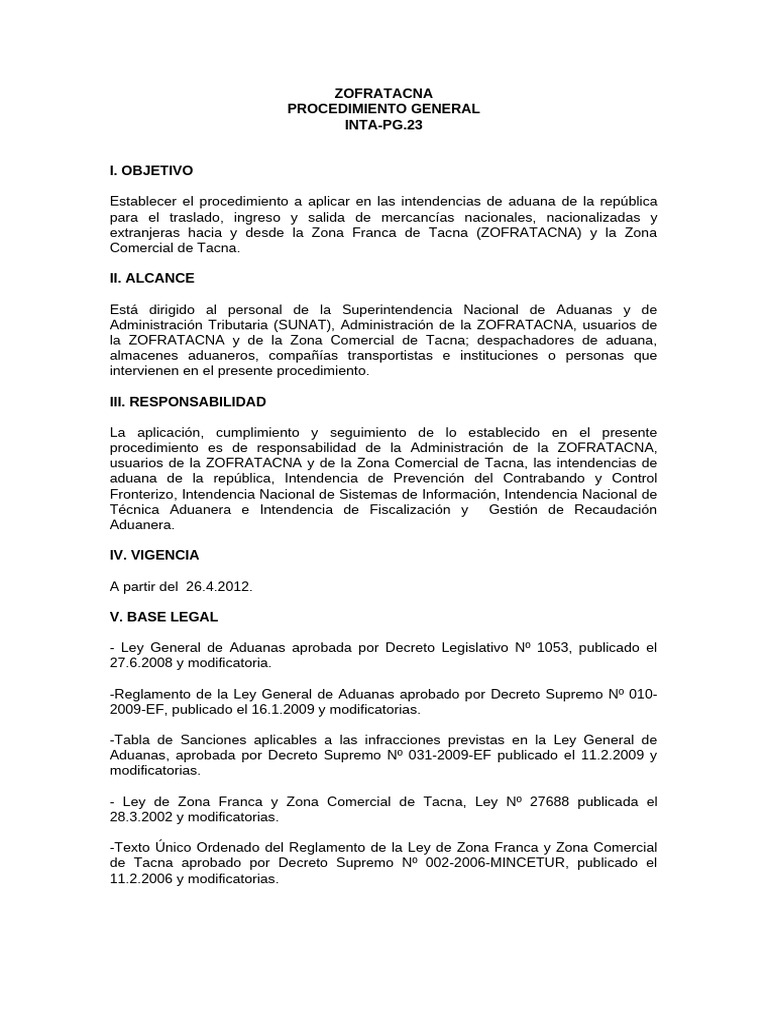 Procedimiento Aduanero ZOFRATACNA | PDF | aduana | Arancel