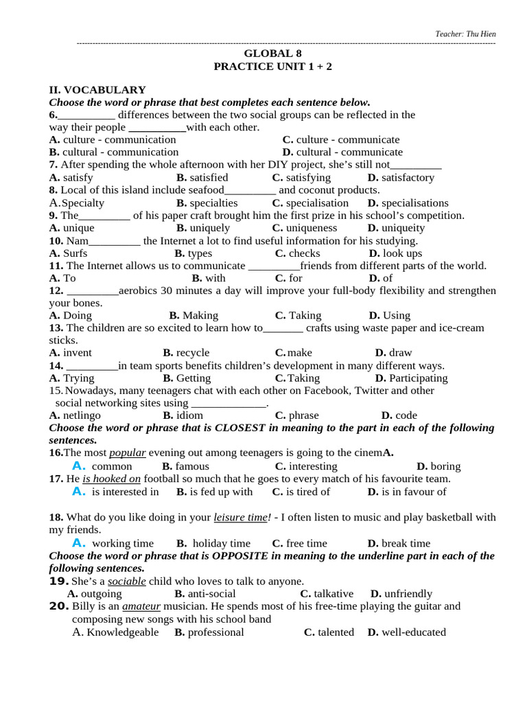 Global 8 Vocabulary and Grammar Practice | PDF | Adolescence