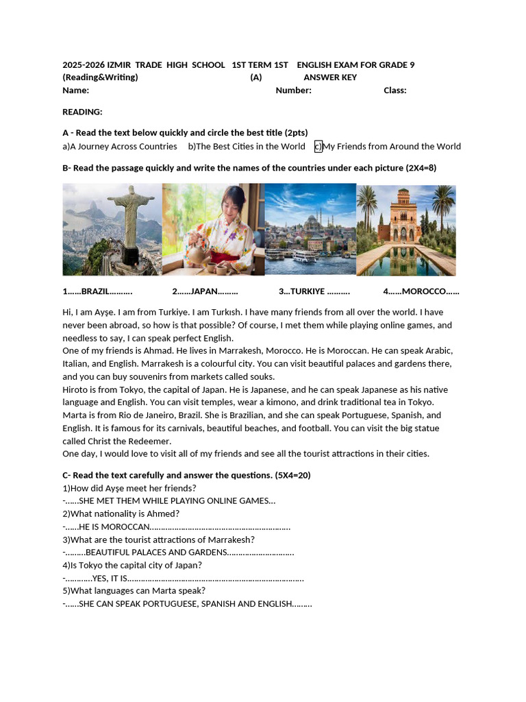 ANSWER KEY A-B - 1st Term 1st Grade 9 | PDF | Natural Disasters | Morocco