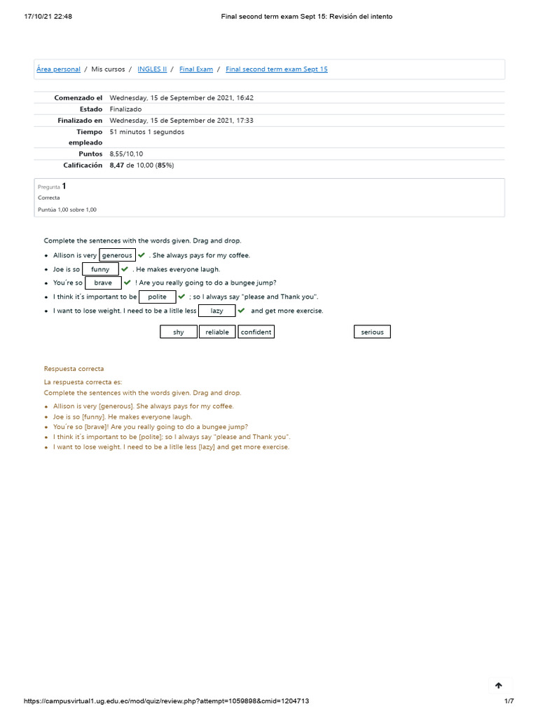 Final Second Term Exam Sept 15 - Revisión Del Intento | PDF | English Language | Vocabulary