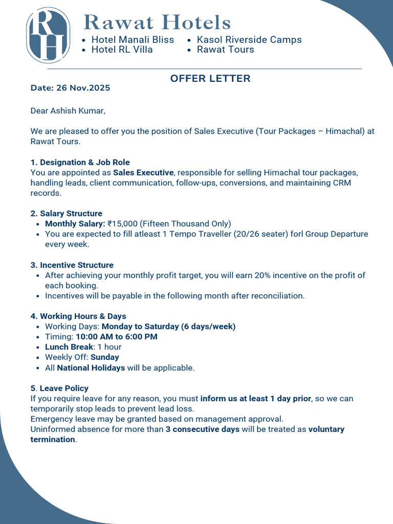 Sales Executive Offer Letter - Rawat Tours | PDF | Business