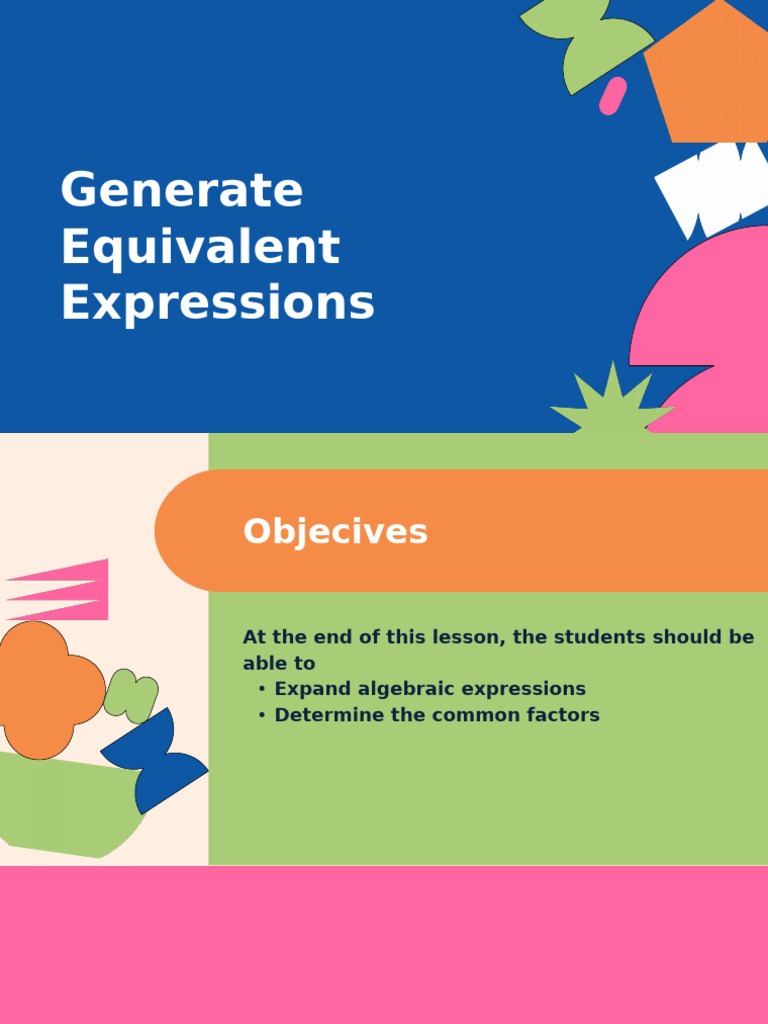 Generate Equivalent Algebraic Expressions | PDF | Bracket | Algebra