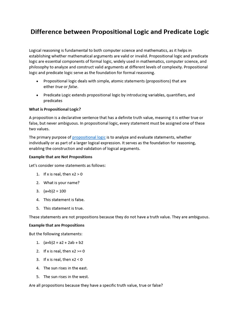 Difference Between Propositional Logic and Predicate Logic | PDF ...