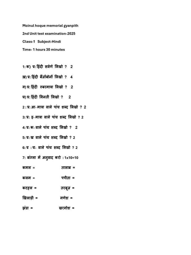 Moinul Hoque Memorial Gyanpith 2nd Unit Test Examination-2025 Class-1 ...