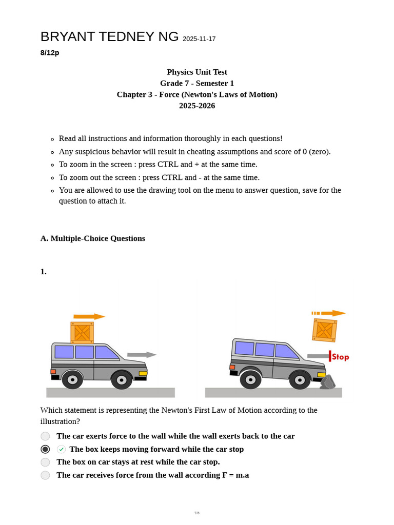 Grade 7 Physics Test: Newton's Laws | PDF | Force | Mass