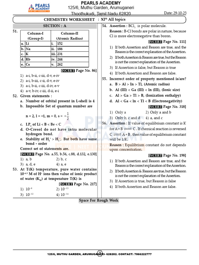 NEET XII COMPETITIVE WORKSHEET (29-10-25) XI Portion | PDF | Chemical ...