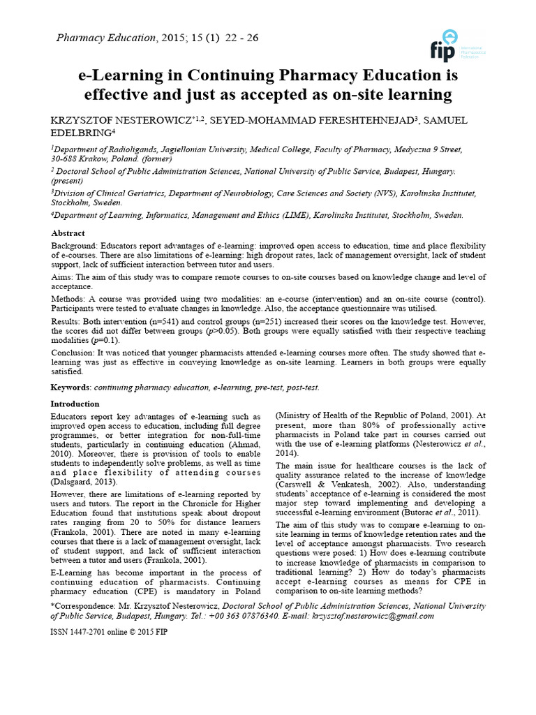 E-Learning in Continuing Pharmacy Education Is Effective and Just As ...