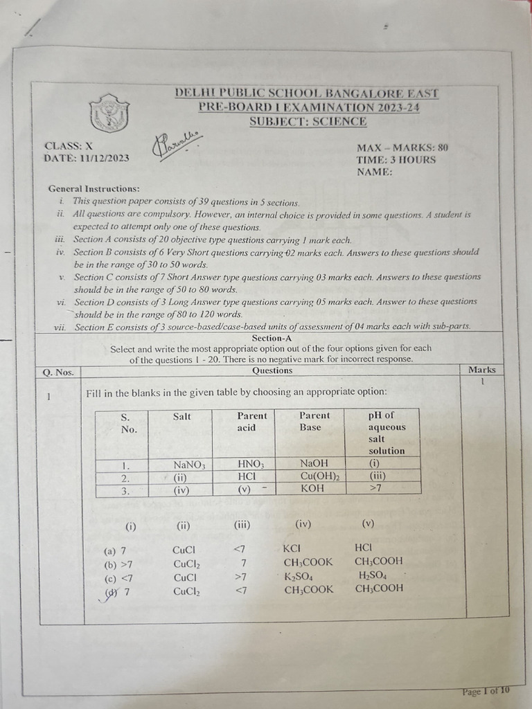 Pre Board 1 Science Paper DPS | PDF