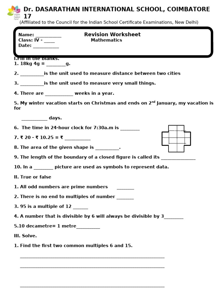 Grade 4 Overall Revision Worksheet | PDF | Mathematics