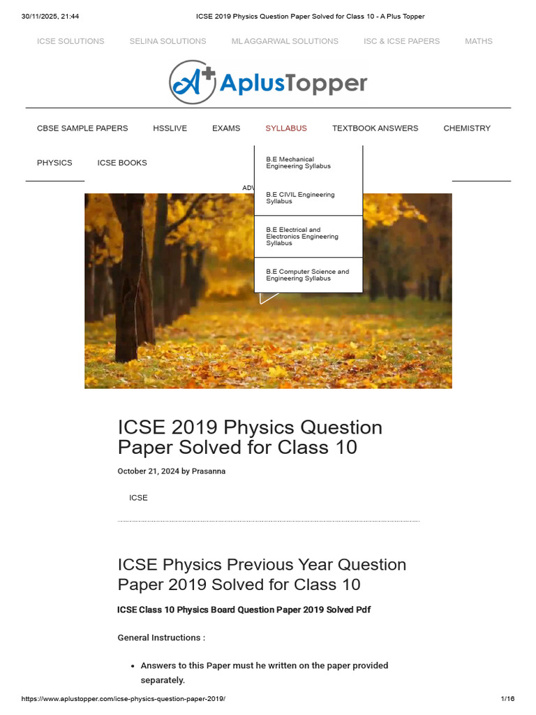 ICSE 2019 Physics Question Paper Solved For Class 10 - A Plus Topper | PDF | Refractive Index ...