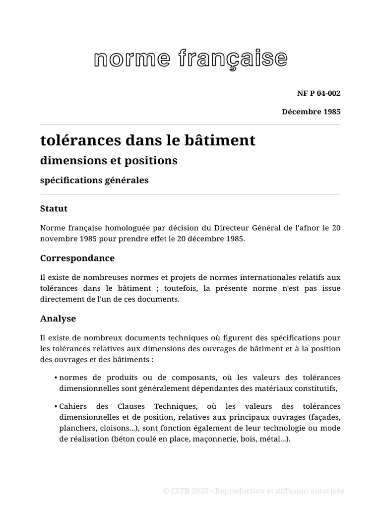 Tolérances dans le bâtiment NF P 04-002 | PDF | Tolérance