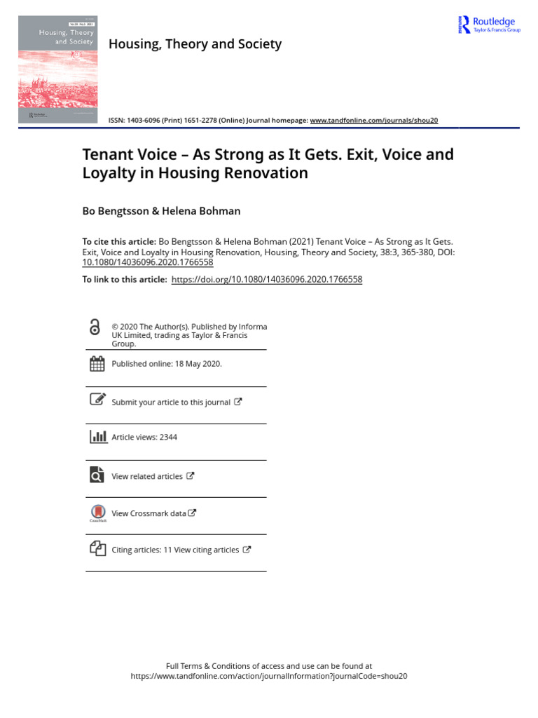 Tenant Voice As Strong As It Gets. Exit Voice and Loyalty in Housing ...