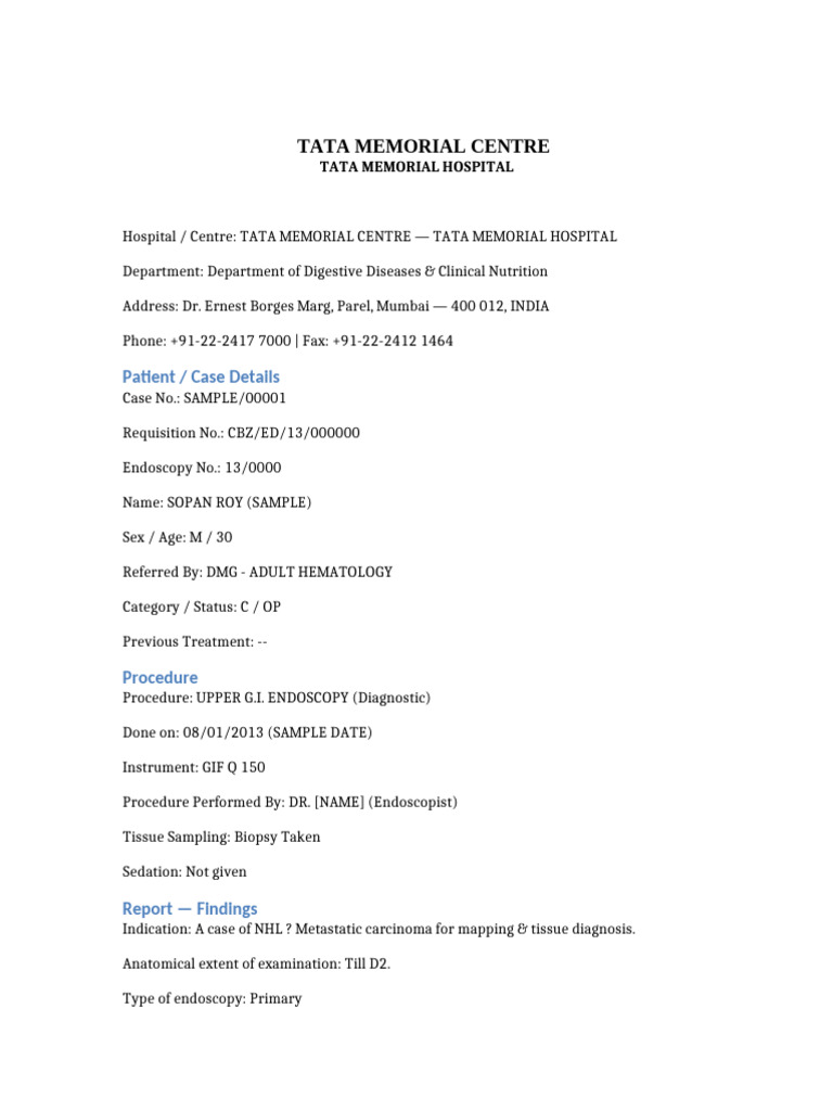 Upper GI Endoscopy Report Sample | PDF