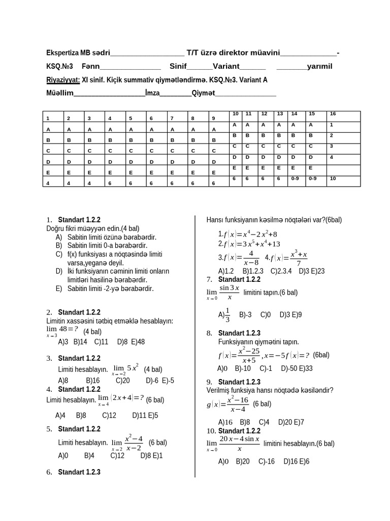 11-Ci Sin Riy 16 Suallıq Ksq 3 Paylaşma(Arzu Ələddi̇n Qizi 051-641!88!34) | PDF