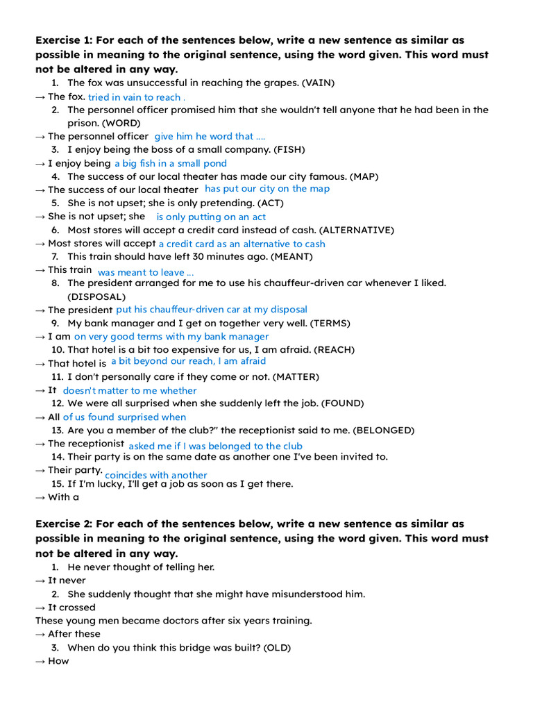 Sentence Transformation Exercises for ESL | PDF