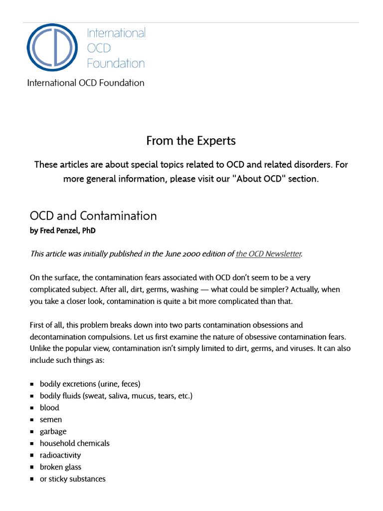 International OCD Foundation - OCD and Contamination | PDF | Obsessive ...