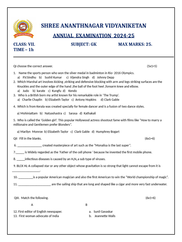 Class VII GK Exam Paper 2024-25 | PDF