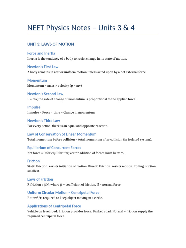 NEET Physics Notes: Laws of Motion & Energy | PDF | Force | Newton's ...