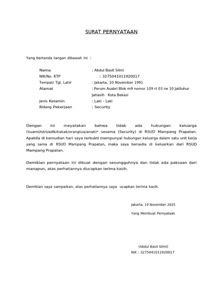Surat Pernyataan TDK Ada Hubungan Keluarga | PDF
