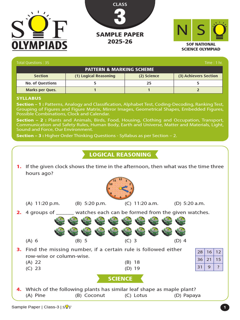 Class 3 Science Olympiad Sample Paper | PDF