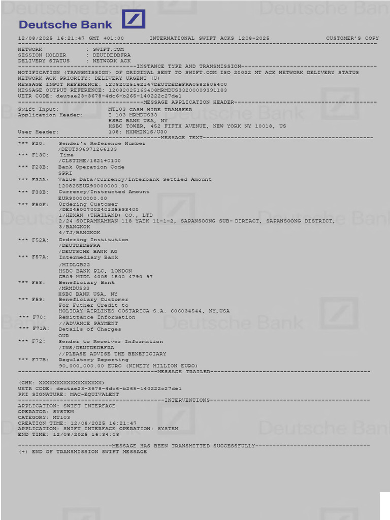 COPY SWIFT MT103 HEXAN CO&HOLIDAY AIRLINES COSTA RICA S.A. 90M 12082025(3) | PDF | Wire Transfer ...